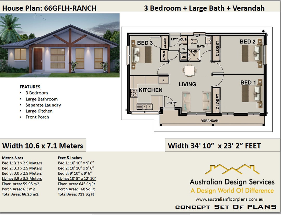 3 Bedroom House Plan 66GF 66.25m2 713 Sq. Foot Concept House Plans for ...