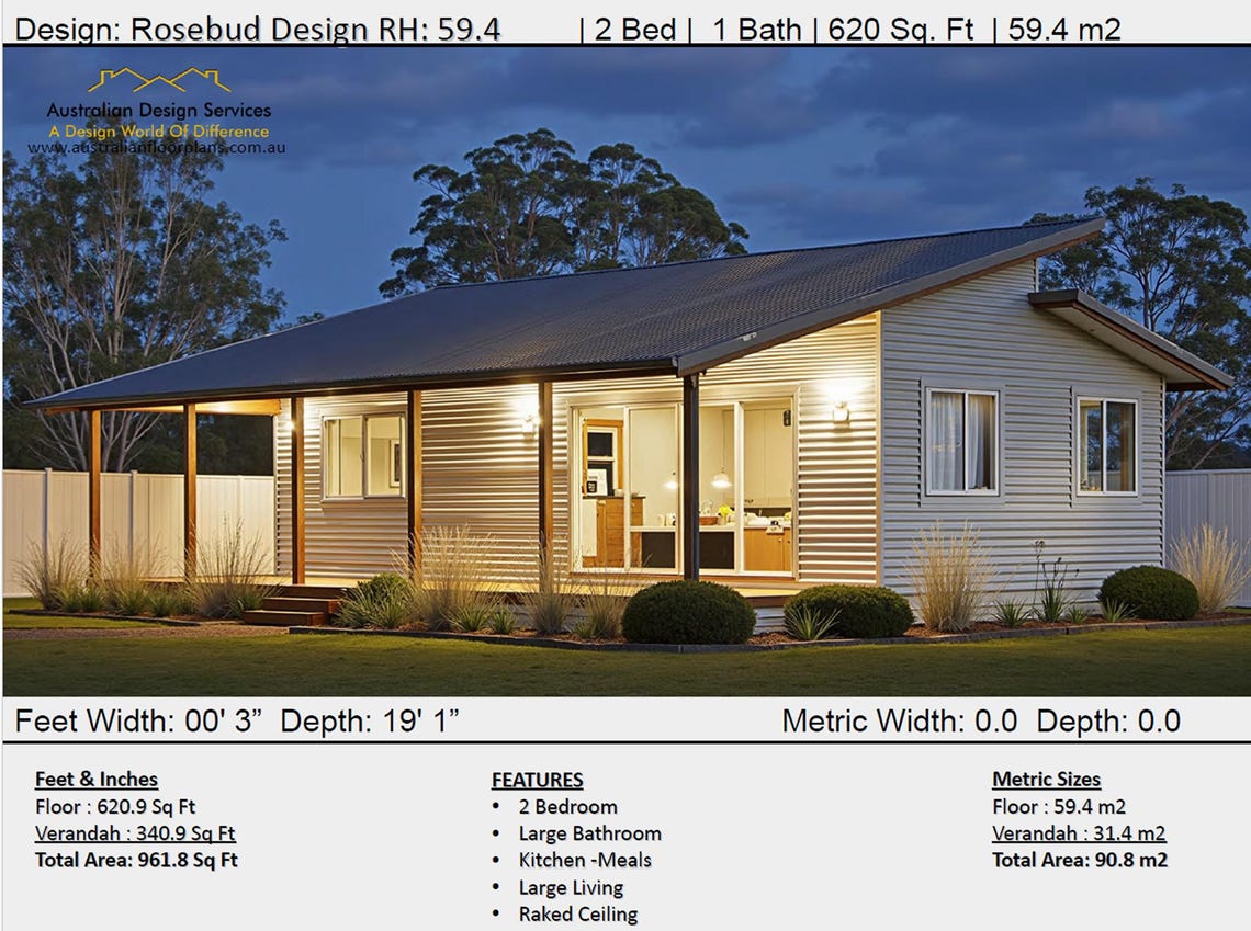 Living Area 59.4 M2 | 620 Sq. Foot | 2 Bedroom House Plan Rosebud ...