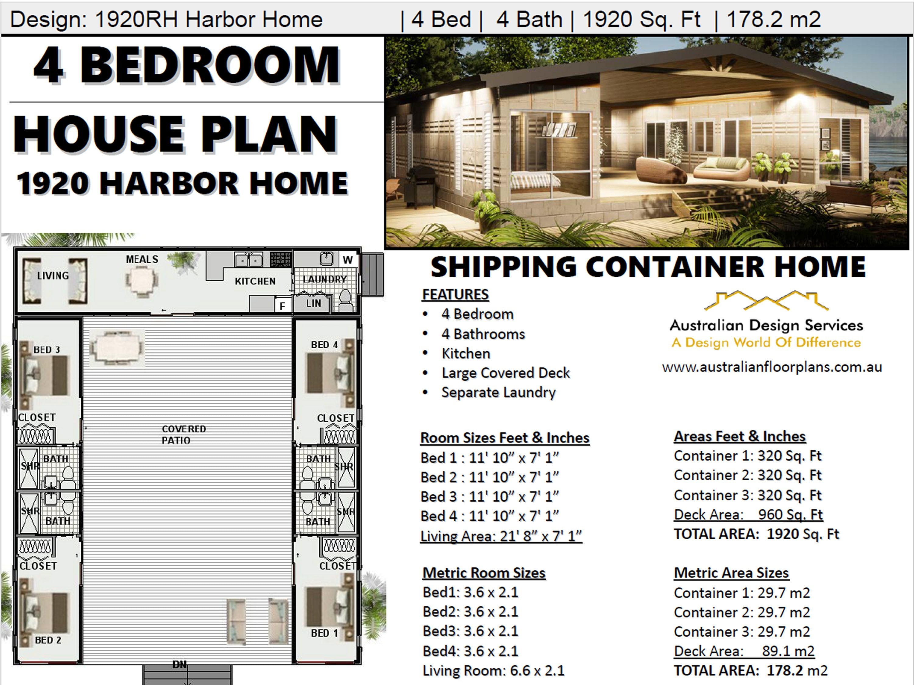 Build Plan#1920 Harbour: 4 Bedroom 4 Bathroom 3 Shipping Container Home ...