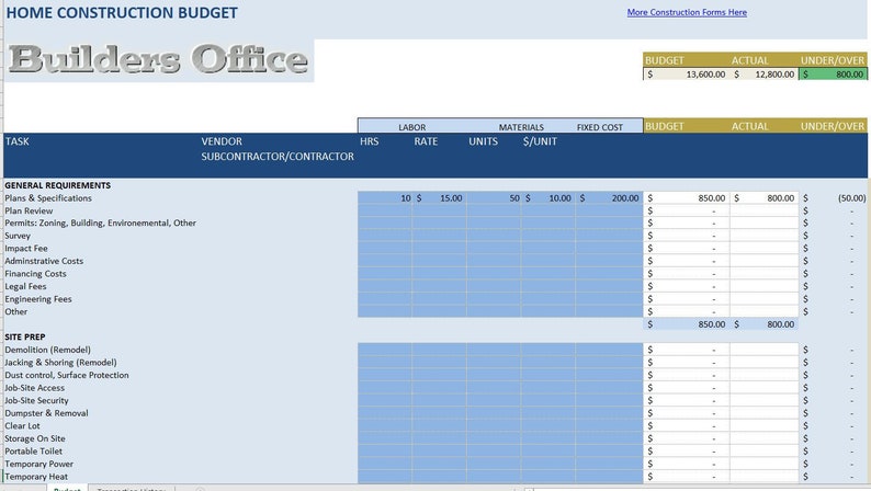 Construction Template for Sale BUDGET TEMPLATE - Ideal for New Home ...