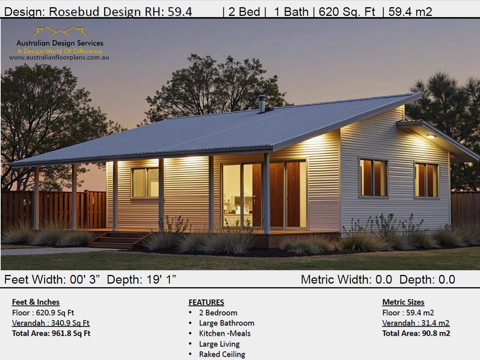 Living Area 59.4 M2 | 620 Sq. Foot | 2 Bedroom House Plan Rosebud ...