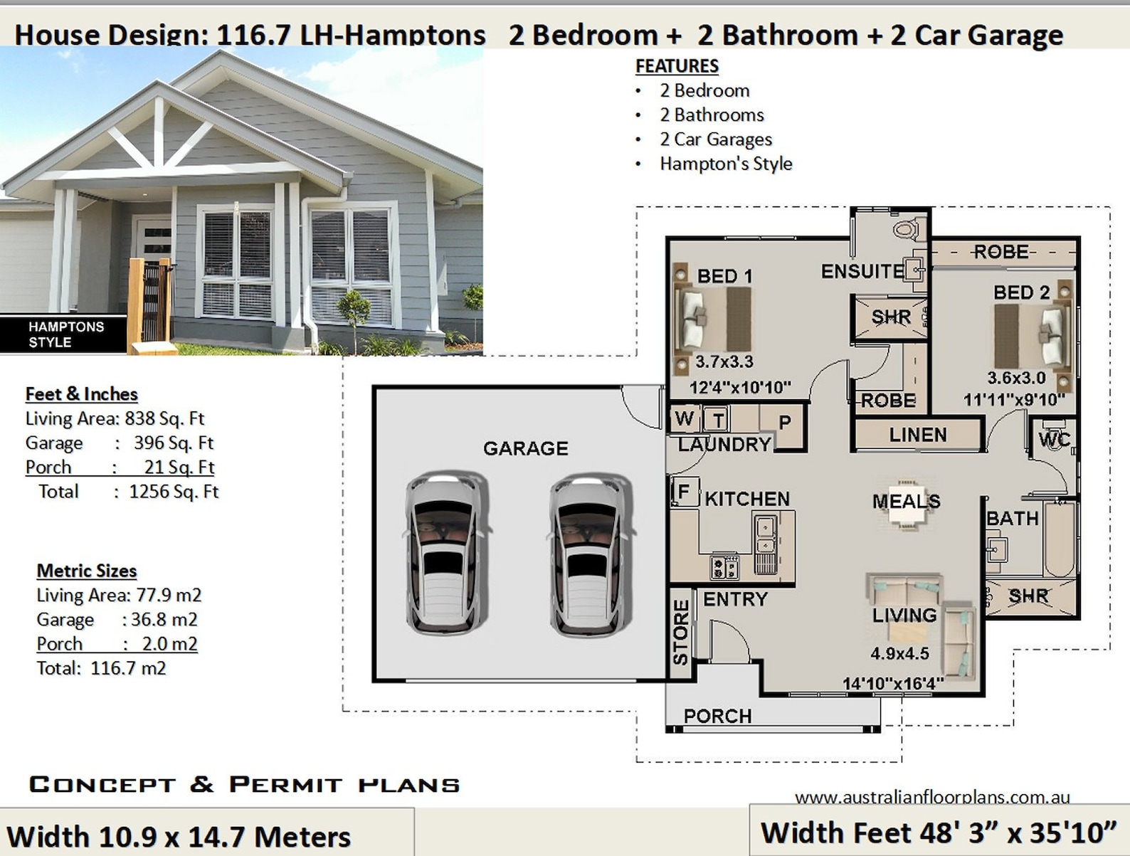 Hamptons Style House Plans, Small House Plan Australia, 2 Bedroom Small ...