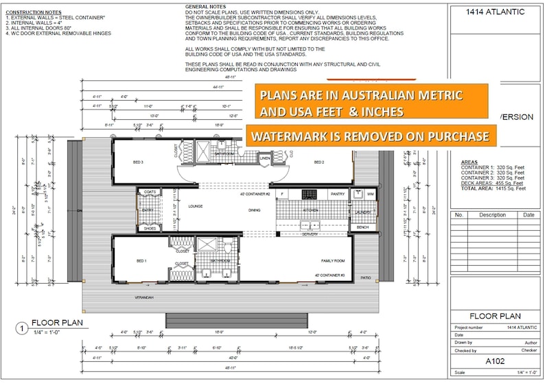Build Plan#1414 Atlantic: 24' X 49' Shipping Container Architectural ...
