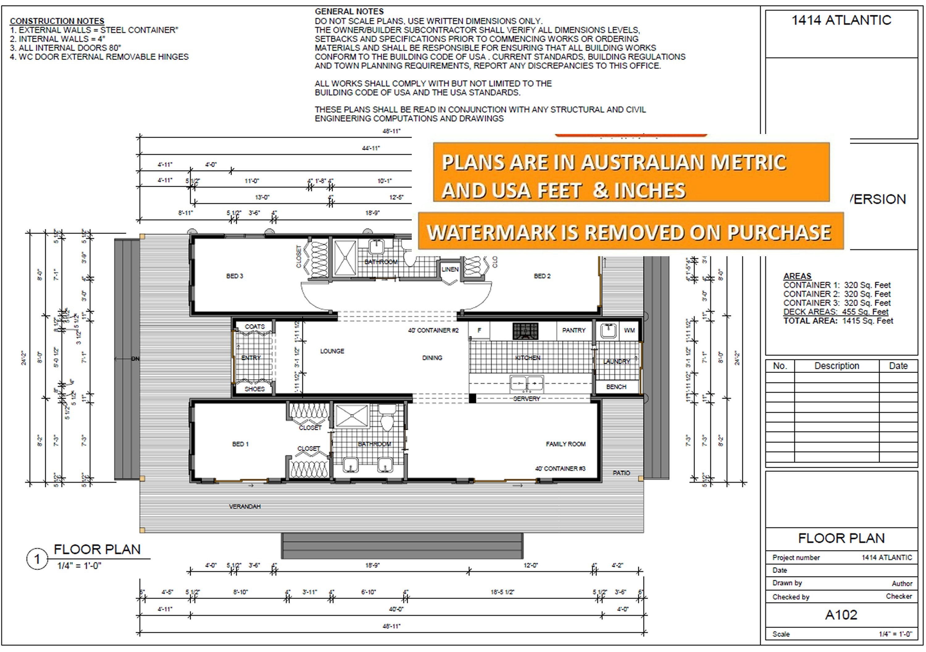Build Plan#1414 Atlantic: 24' X 49' Shipping Container Architectural ...