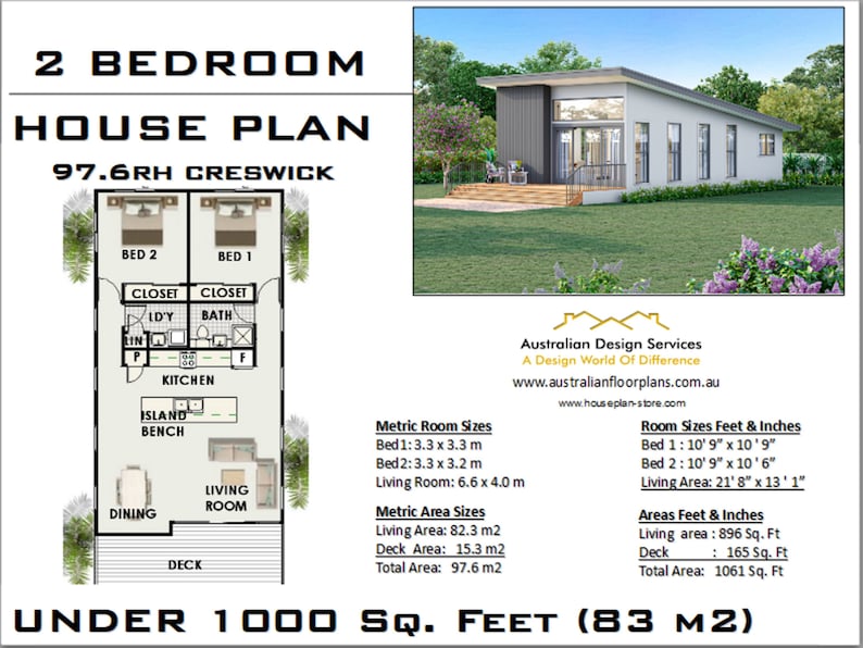 House Plan 97.6 Creswick 896 Sq Feet or 82.3 M2 2 Bedroom - Etsy
