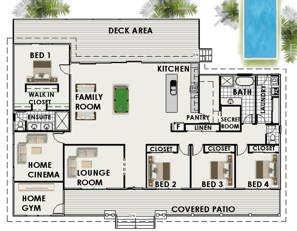 Modern House Plan 4-bedroom House Plan With Secret Room, Home Gym, and ...