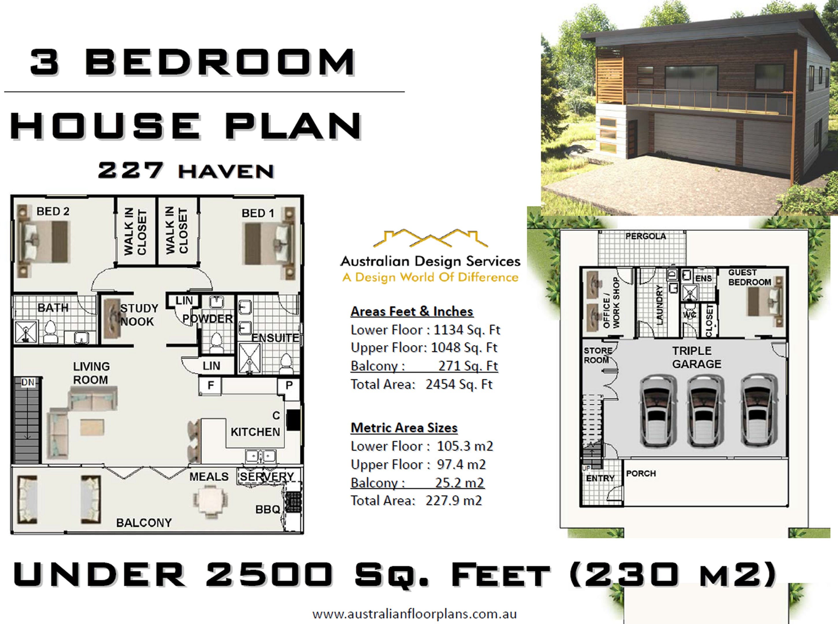 3 Bedroom House Plan Garage Apartment No-227 Haven RH Living Area 227.9 ...