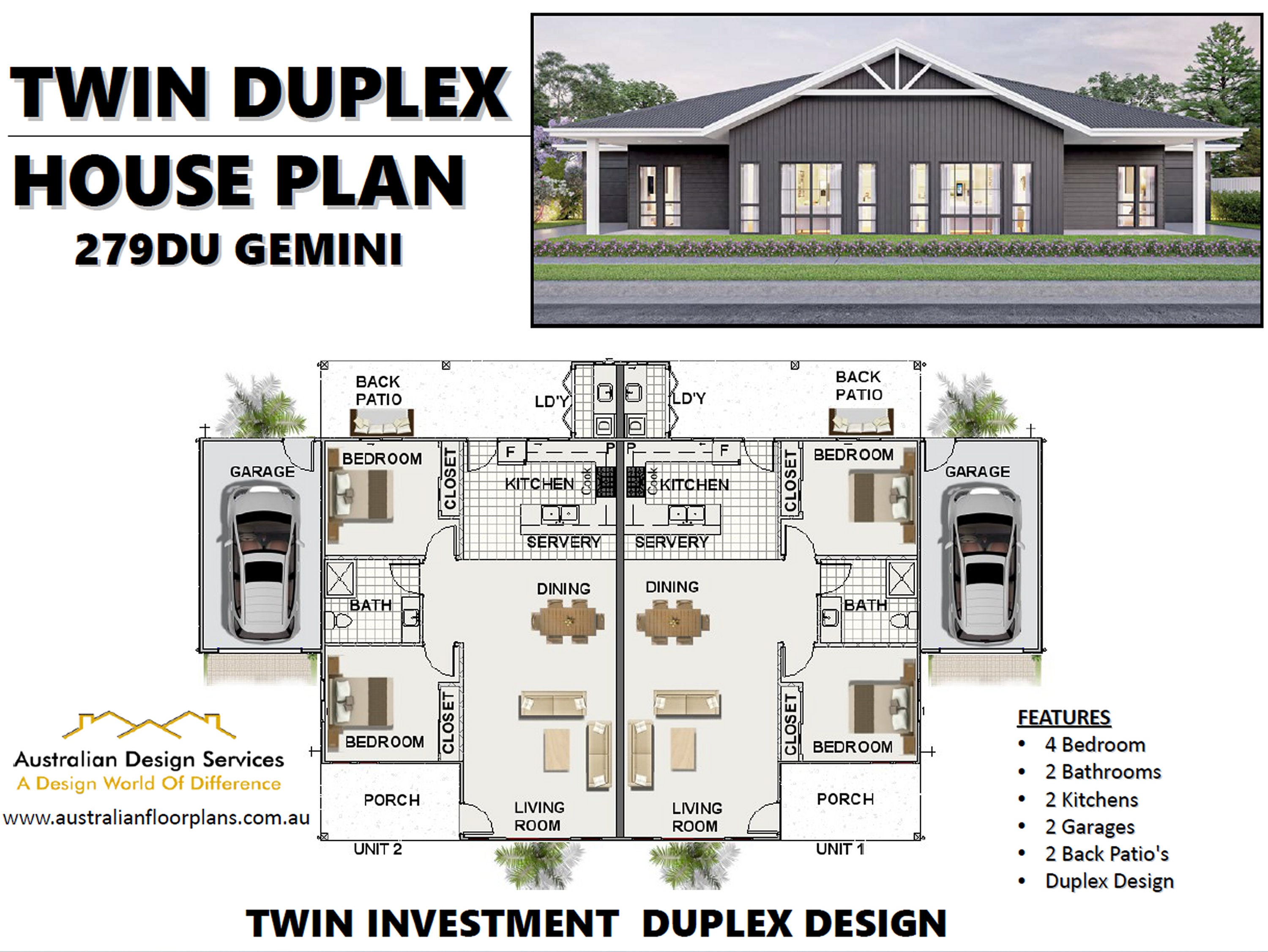 45' X 80' (14.0 X 25.0 Meters) Modern Duplex Architectural Plans Custom 2 Family House Plan ...