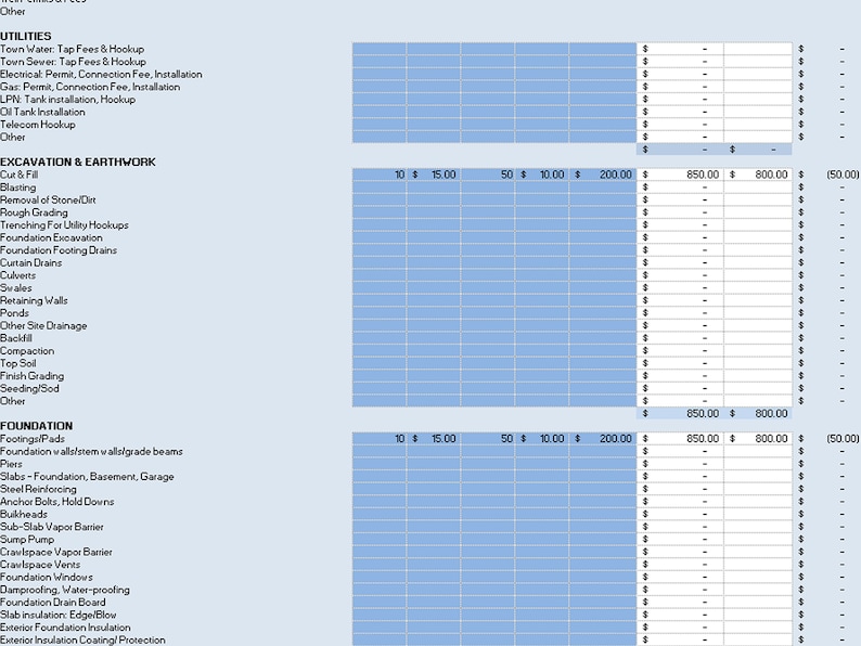 EXCEL- CONSTRUCTION BUDGET Template Cost Breakdown - Ideal for New Home ...