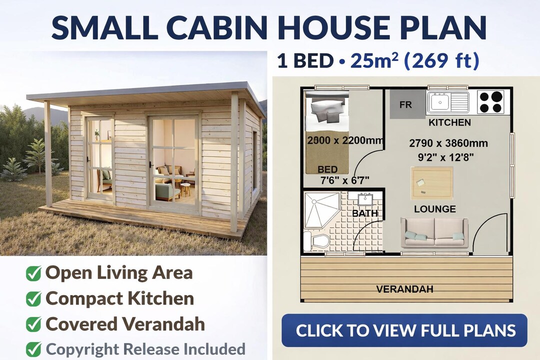 Small Cabin House Plan – 1 Bedroom Tiny Home 25 Sq Meters (269 Sq Ft ...