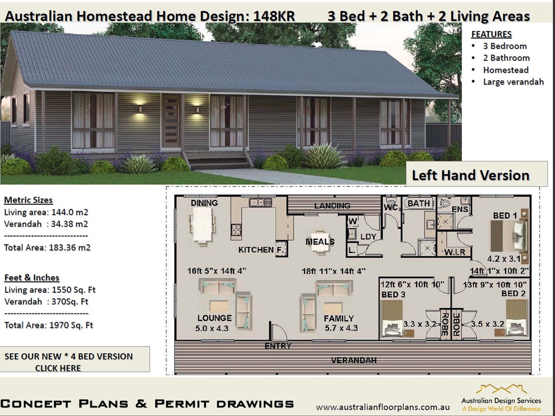 Country Home Design 3 Bedrooms | 2 Bathrooms | Large Living Area ...