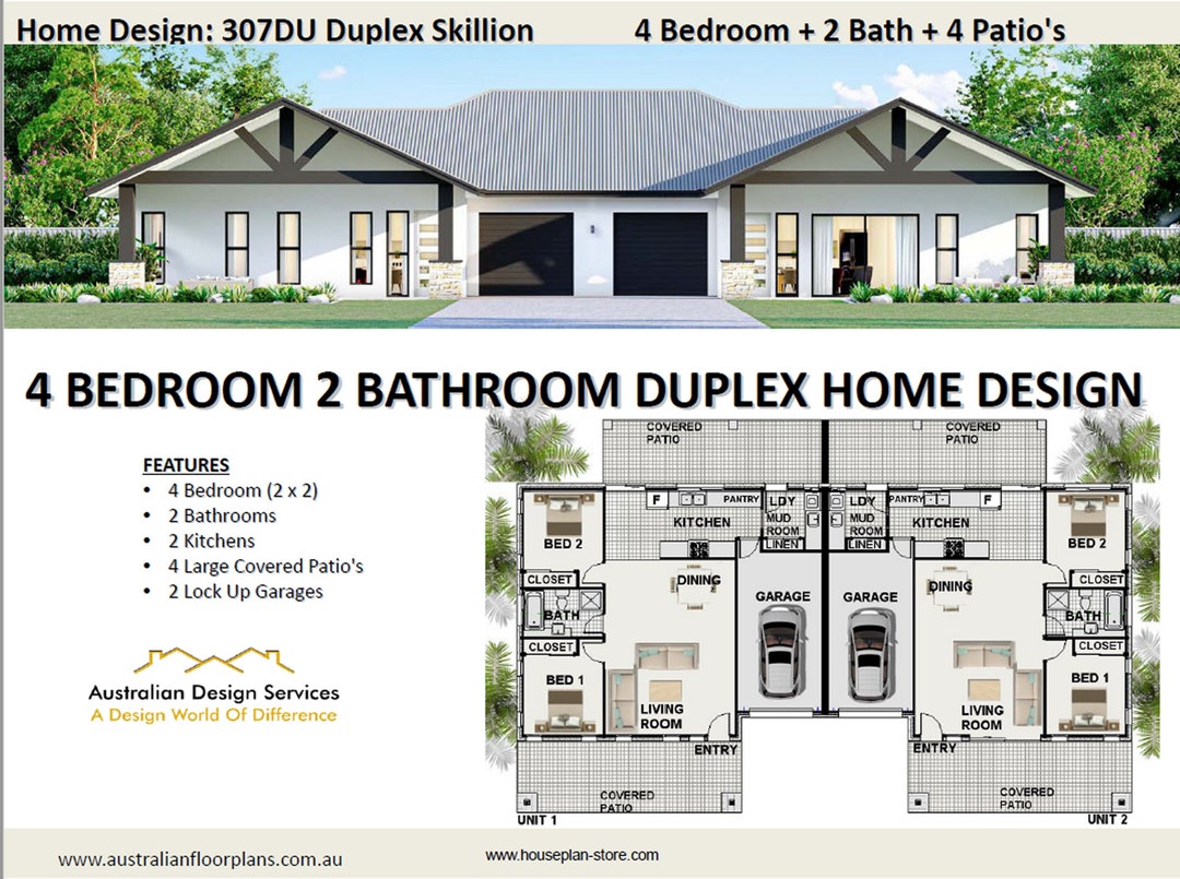 2 FAMILY DUPLEX-4 Bed 2 Bath- Modern Gable Design | Duplex House Plans ...