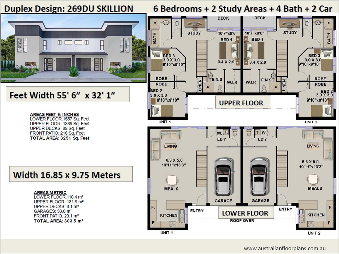 Duplex House Plans | Stunning 6 Bedroom + 2 Study Skillion Roof Duplex ...