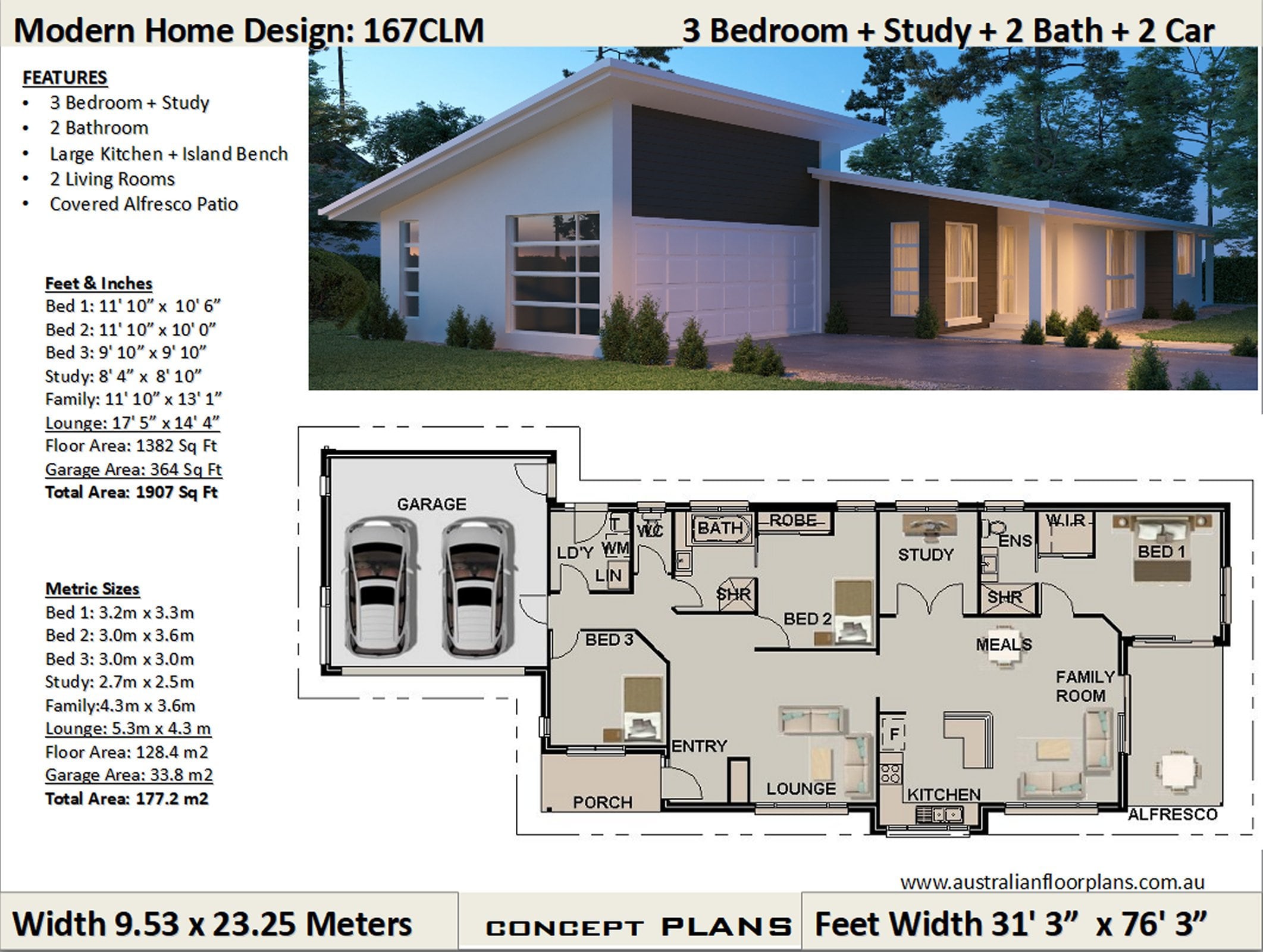Narrow Land House Plans | 3 Bedroom + Study House Plans | Double Garage ...