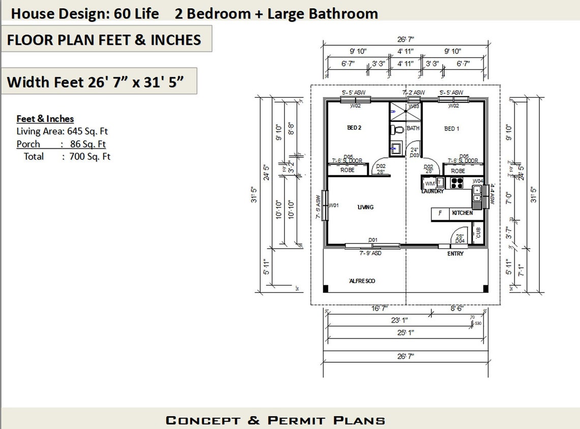 2 Bedroom House Plan 700 Sq. Feet or 65 M2 2 Small Home - Etsy