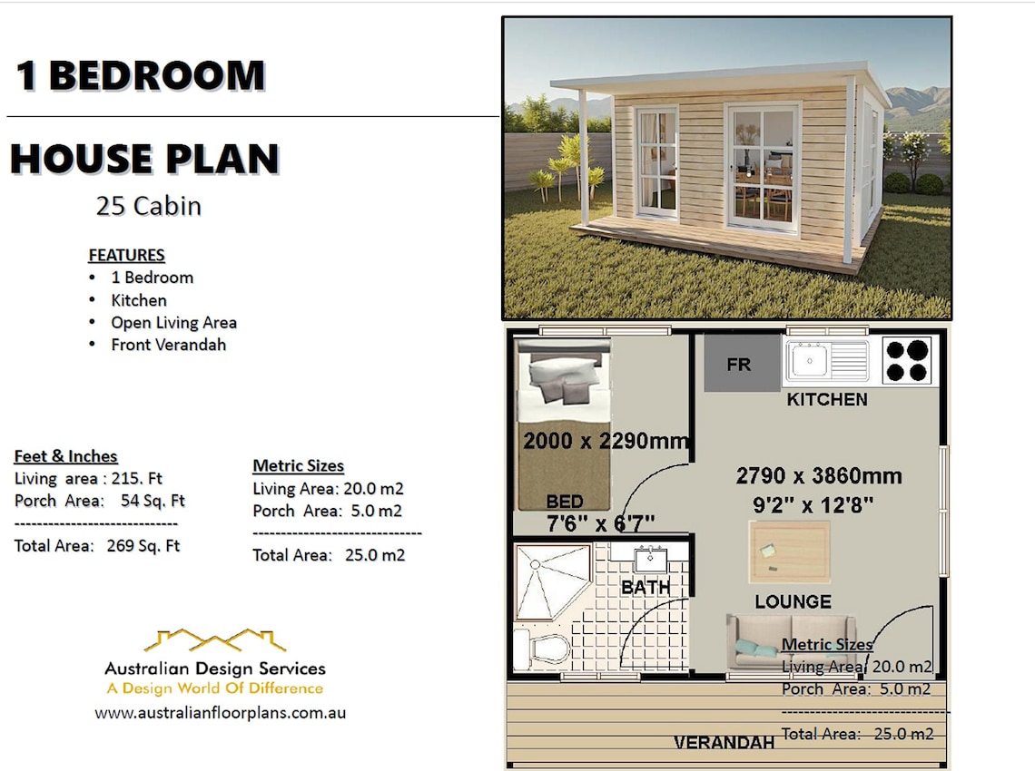 Small Cabin House Plan 25 Cabin - 25 M2 (269 Sq Foot) 1 Bedroom Cabin ...