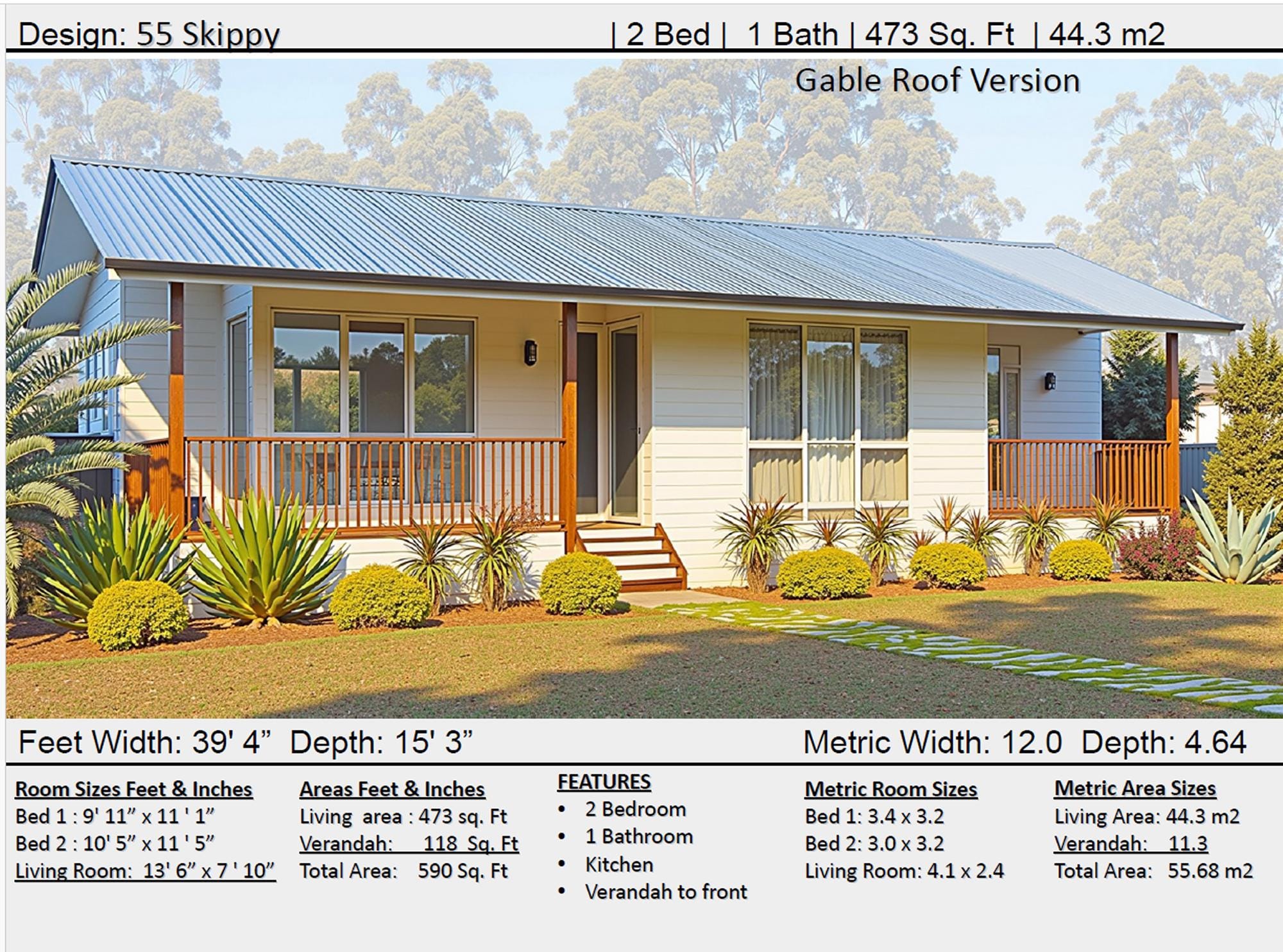 55 Skippy | 592 Sq Foot or 55 M2 | 2 Bedroom Small Home Design | 2 ...