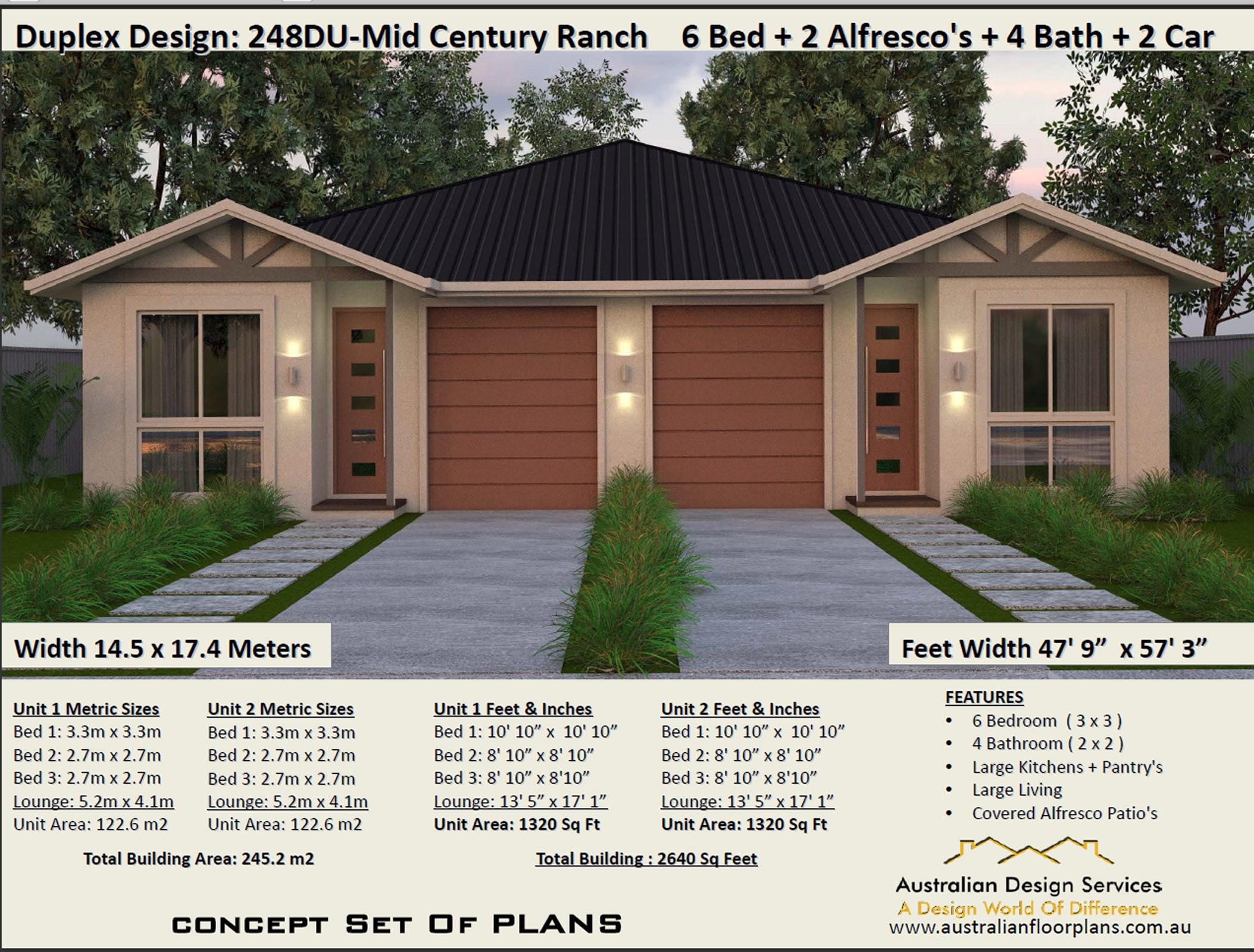 Duplex Design: 248du-mid Century Ranch | 2640 Sq. Foot or 245.2 M2 ...