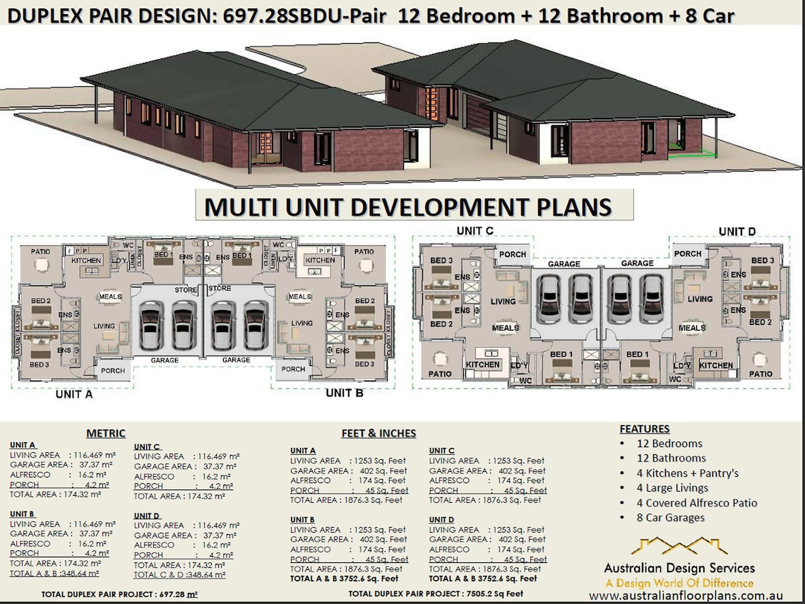 4 Family Duplex Plans 12 Bed Duplex Design Modern Duplex - Etsy