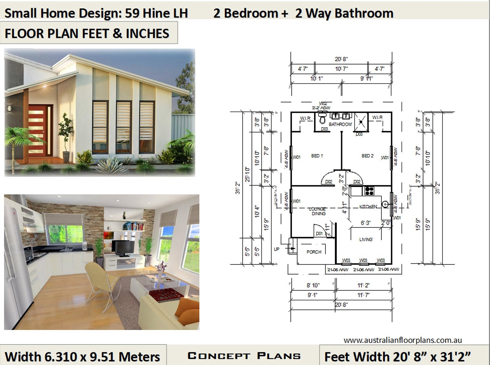 60 M2 685 Sq Foot 2 Bedroom House Plan 59 Hine Concept - Etsy