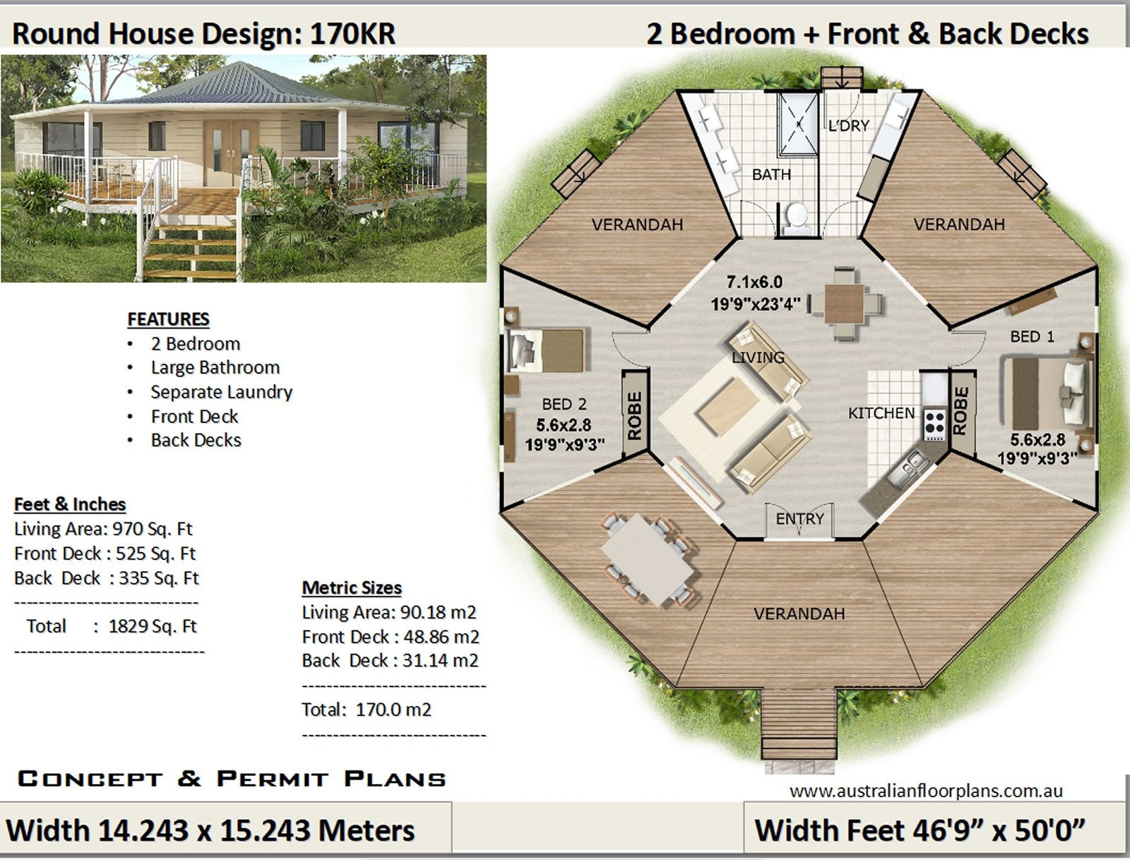 Round Home House Plans - Living 970 Sq Feet or 90 M2 | 2 Bedroom | 2 ...