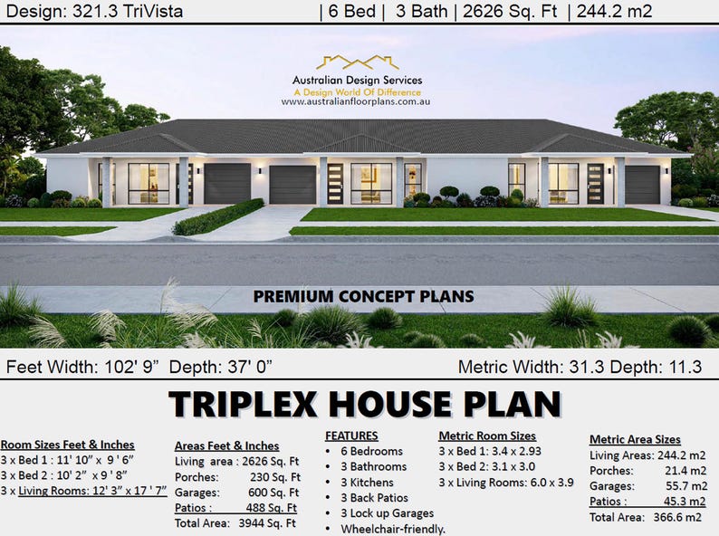 Triplex Best-selling House Plans | 6 Bed 3 Bath Triplex House Plans ...