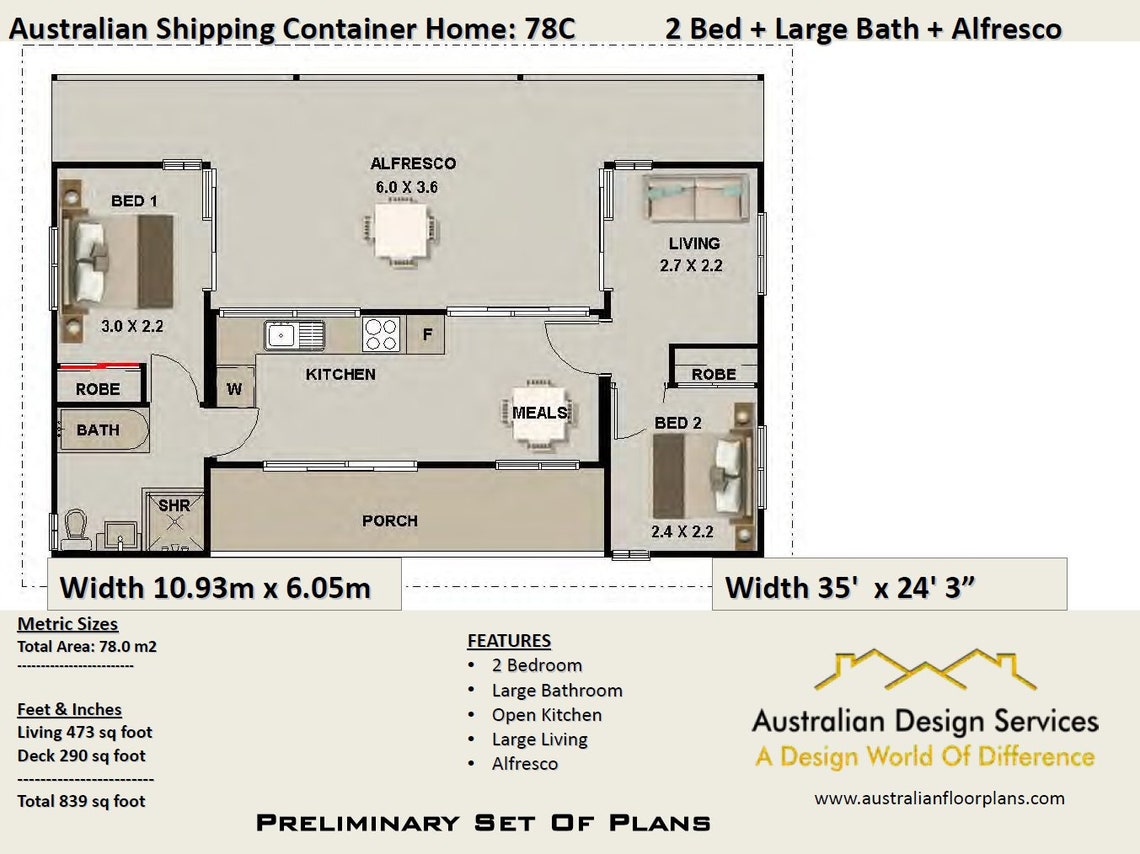 2 Bedroom Container Home Concept Plan | 840sq Foot | 78 M2 | 3 ...