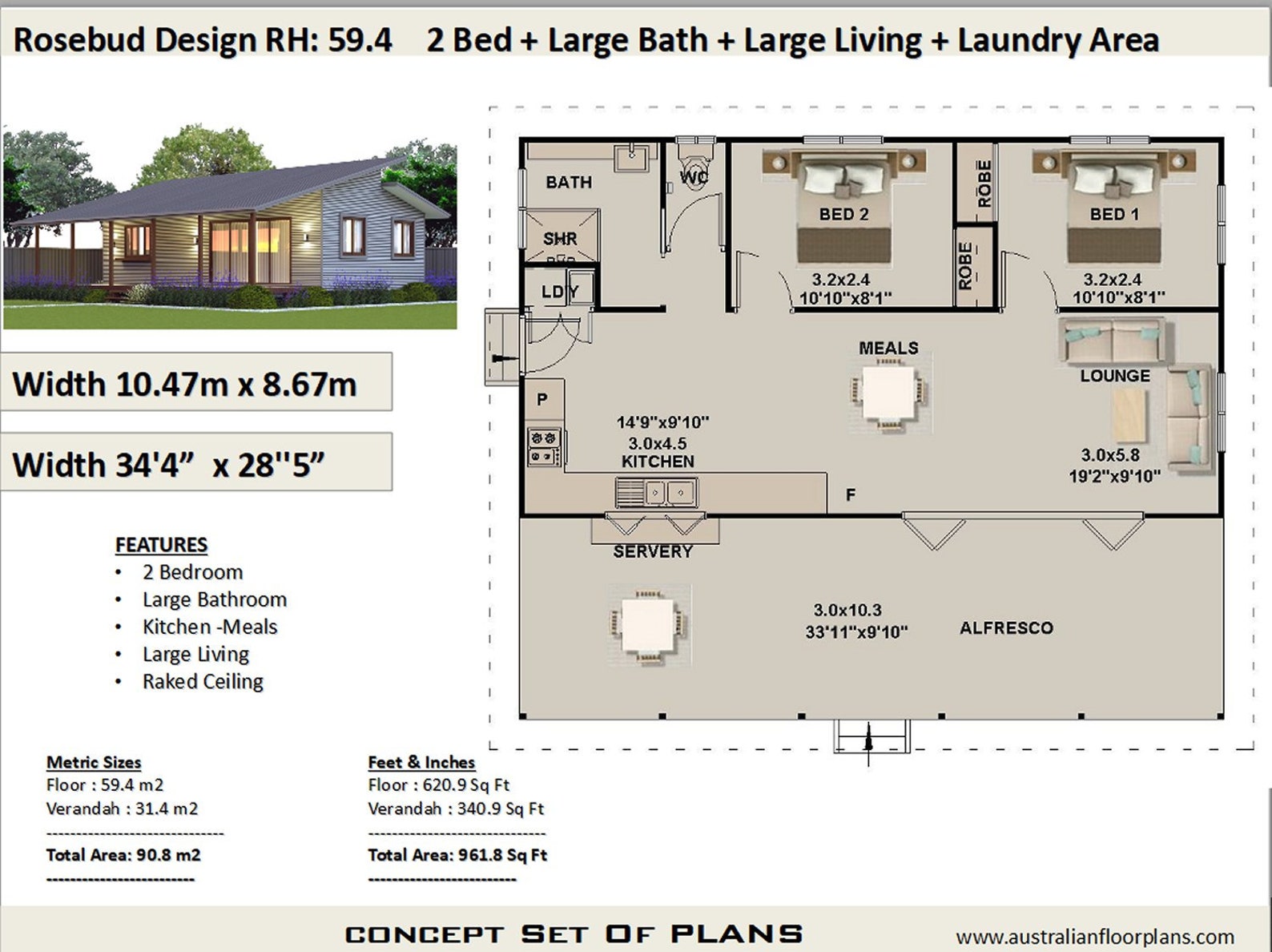 Living Area 59.4 M2 620 Sq. Foot 2 Bedroom House Plan Rosebud Concept ...