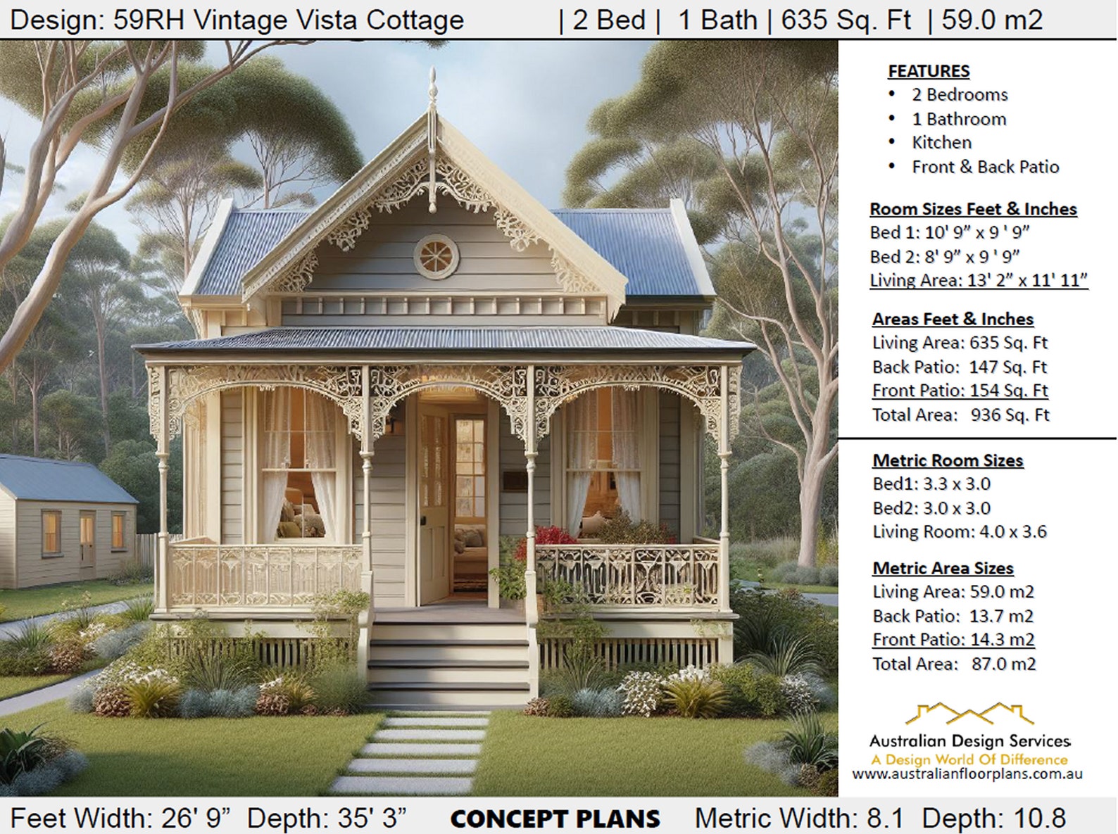 Guest Cottage House Plan / Small and Tiny House Plans / 59m2 / 635 Sq Foot House Plans / Granny ...