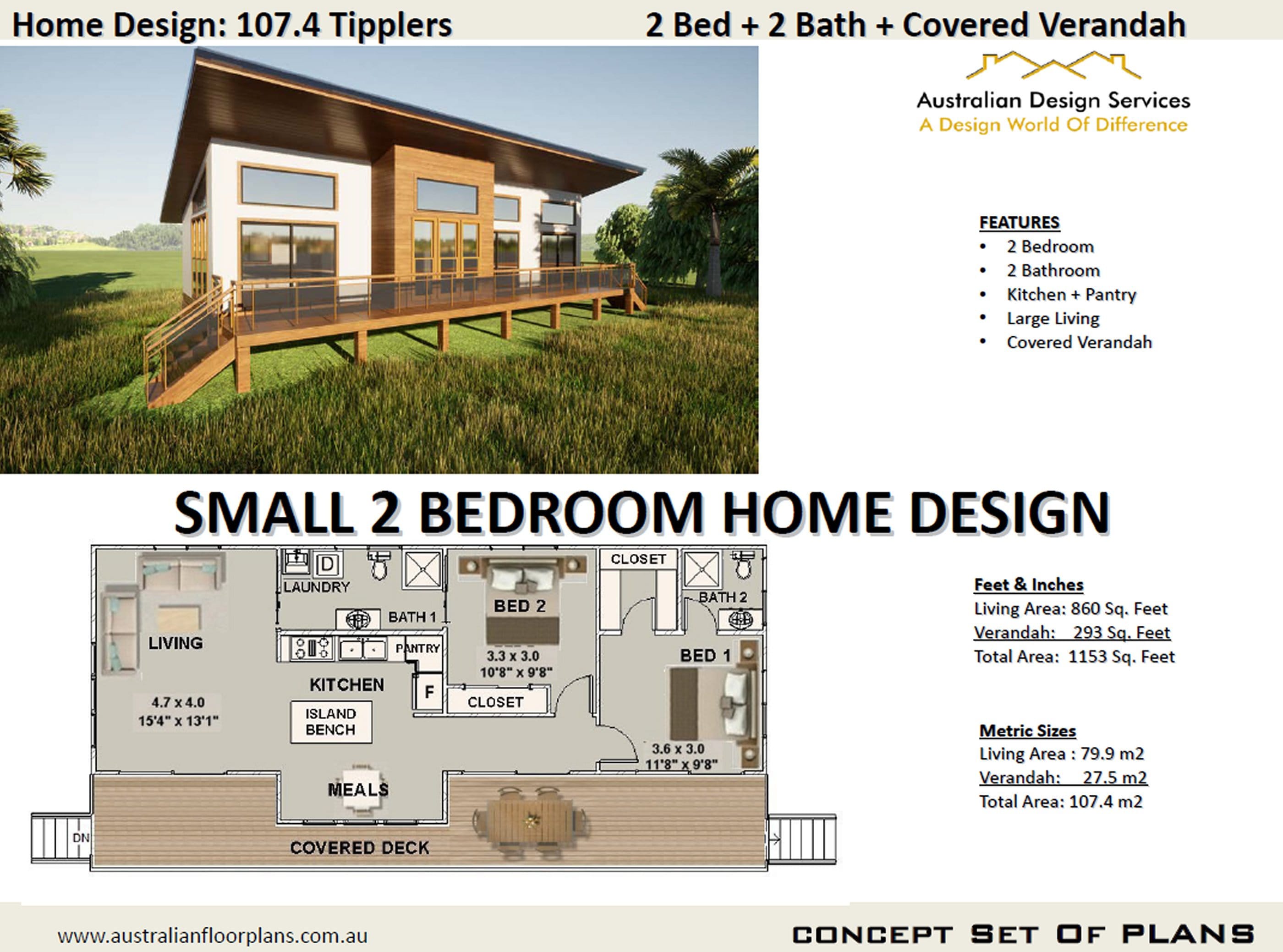 2 Bedroom House Plan / Small and Tiny House Plans / Metric Under 1200 ...