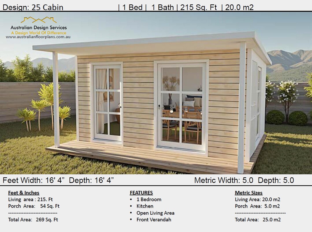 Small Cabin House Plan 25 Cabin - 25 M2 (269 Sq Foot) 1 Bedroom Cabin ...