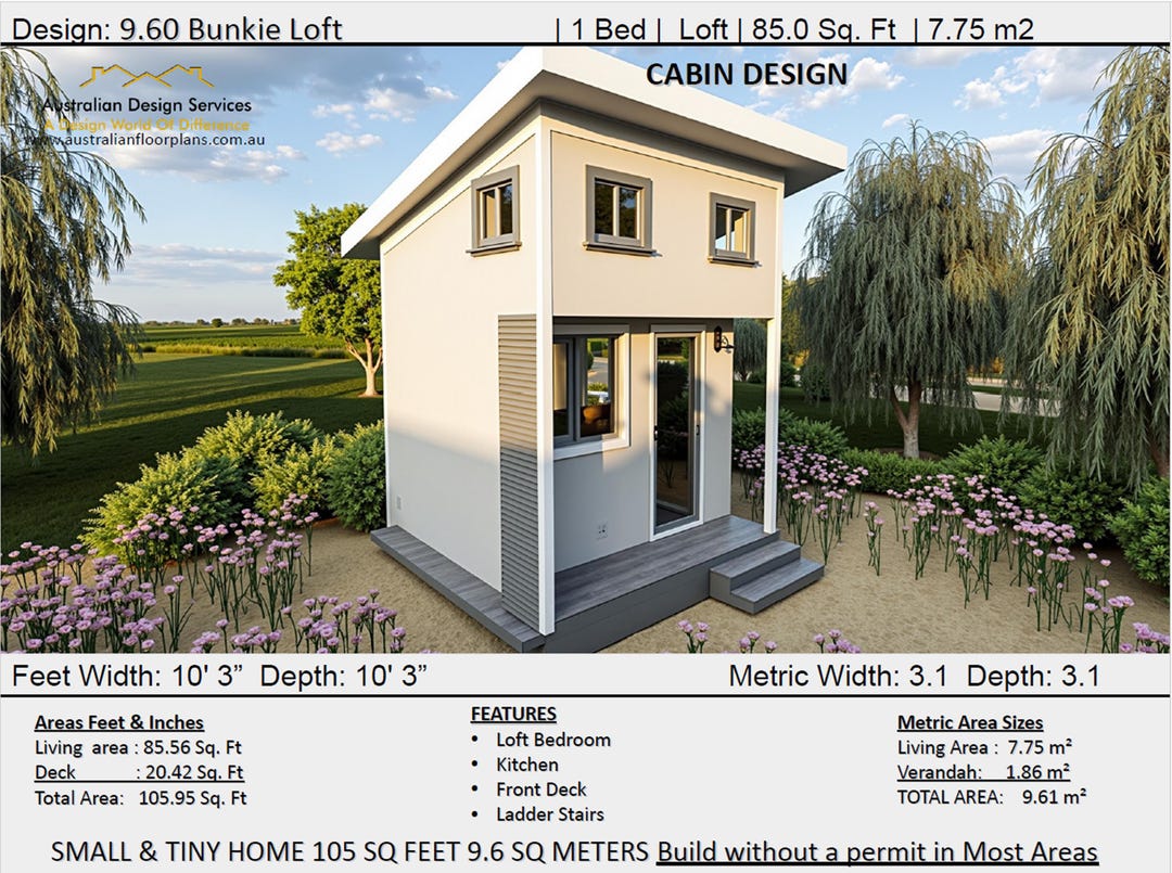 Affordable Tiny House Plans 105 Sq Ft / 9.61 Sq. Meters Cabin/bunkie ...