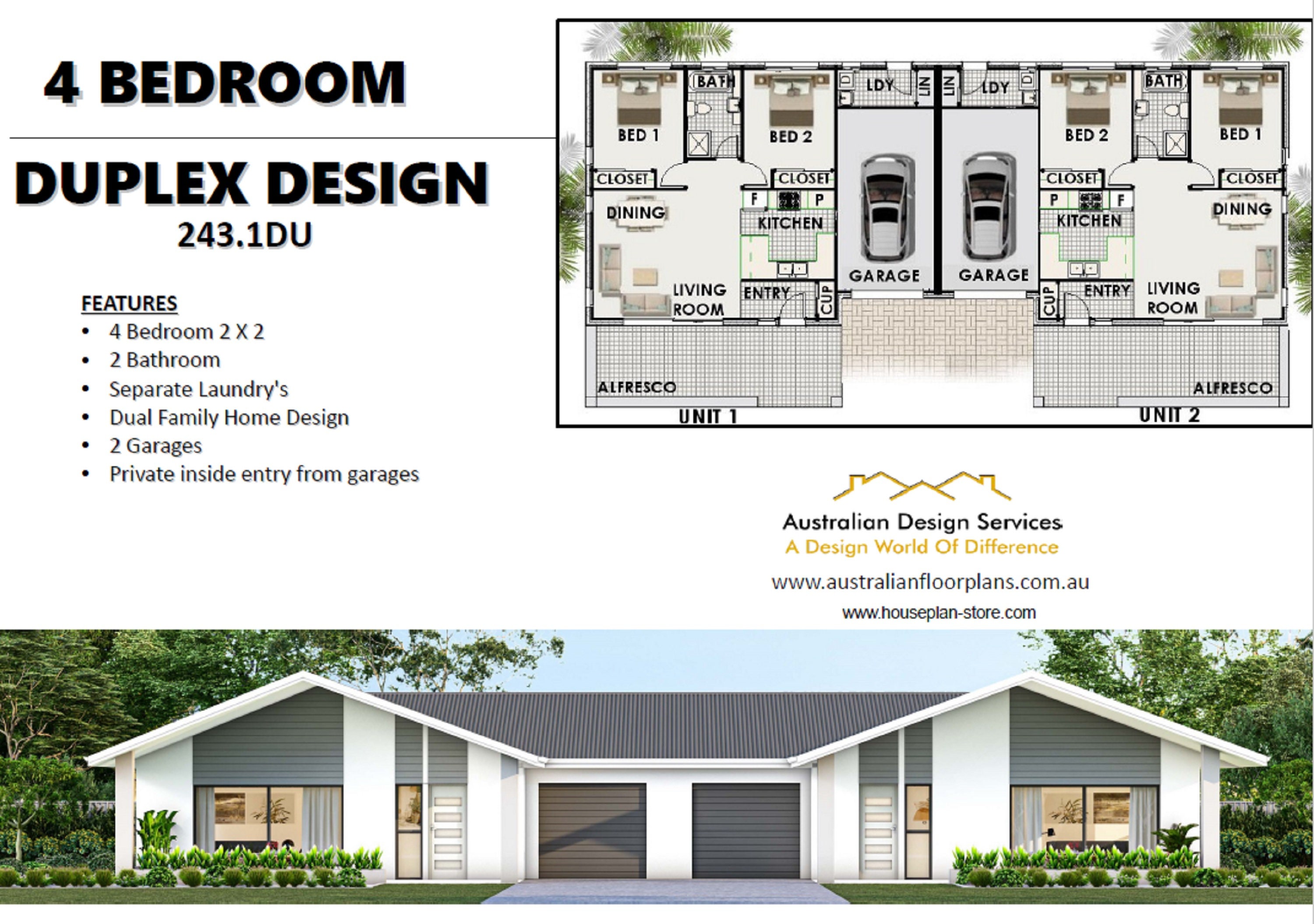 Multi Family Duplex House Plans/ 4 Bedroom Home/ Modern Duplex | #multi ...