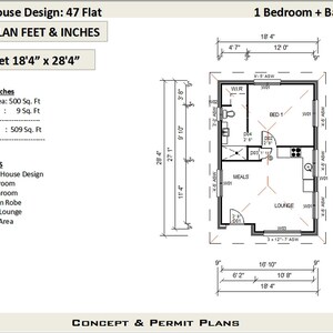 47 Flat | 509 Sq. Feet or 47.35 M2 | 1 Bedroom House Plan | 1 Bedroom ...