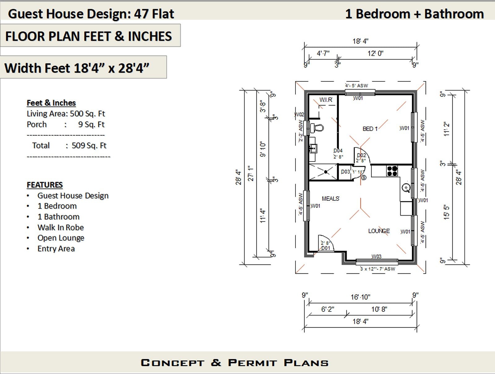 47 Flat 509 Sq. Feet or 47.35 M2 1 Bedroom House Plan 1 - Etsy