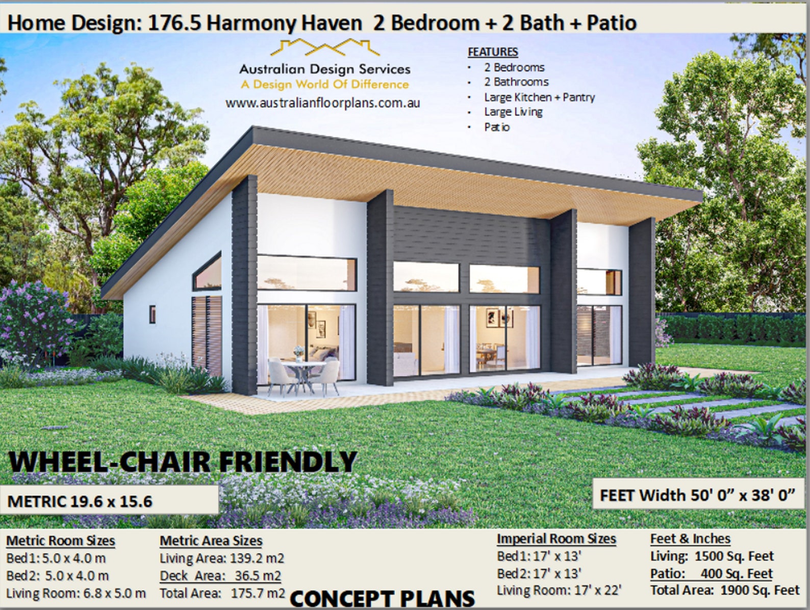 Modern 2 Bedroom House Plan / Small and Tiny House Plans / Metric Under ...