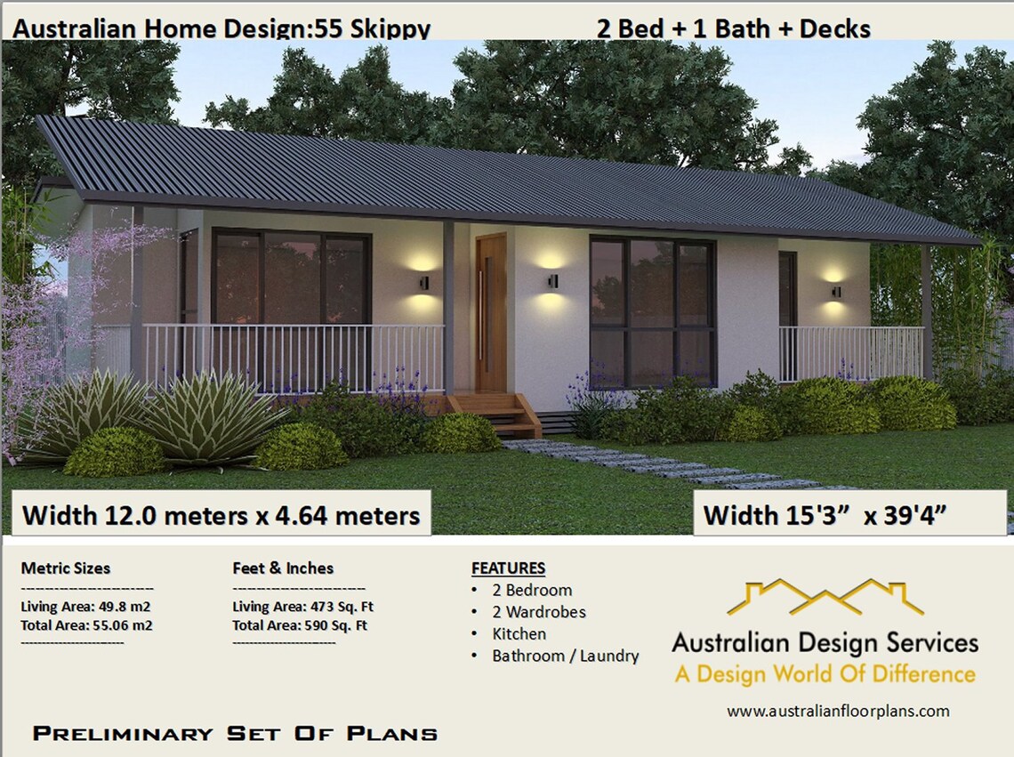 55 Skippy 592 Sq Foot or 55 M2 2 Bedroom Small Home Design | Etsy