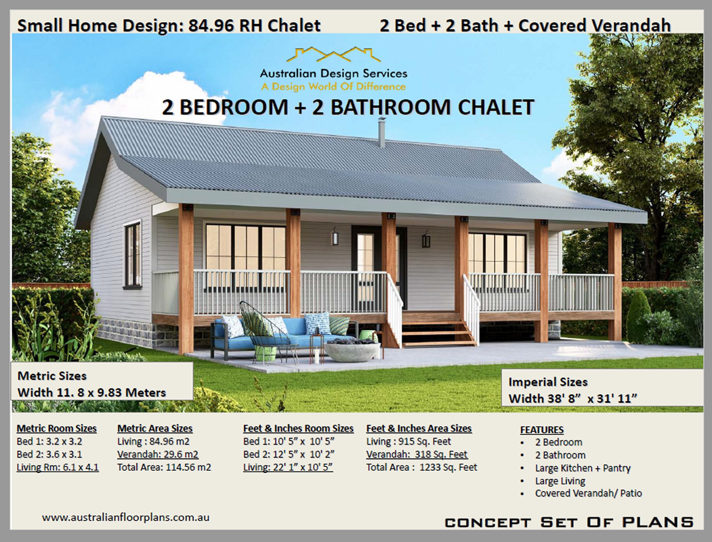 Small Chalet Home Design 2 Bedroom 2 Bathroom House Plans for Sale 84.9 ...