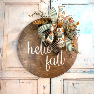 Fall Door Hanger, Hello Fall Round Wood Door Decor, Autumn Floral Decor ...