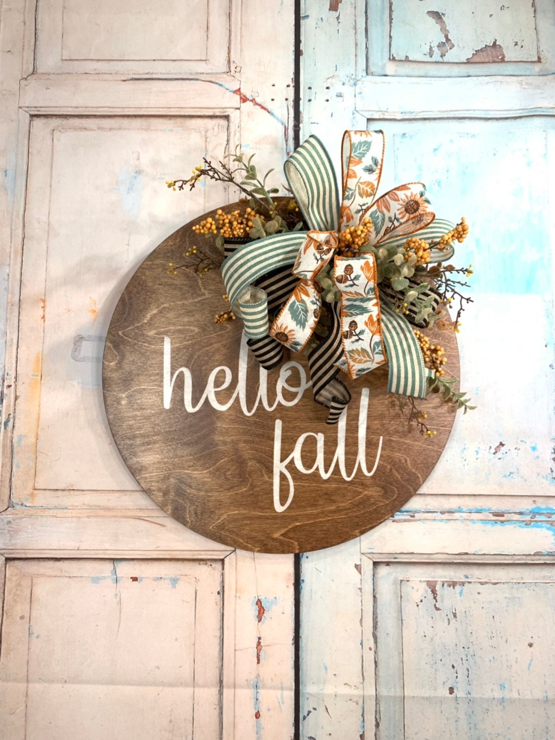 Fall Door Hanger Hello Fall Round Wood Door Decor Autumn - Etsy