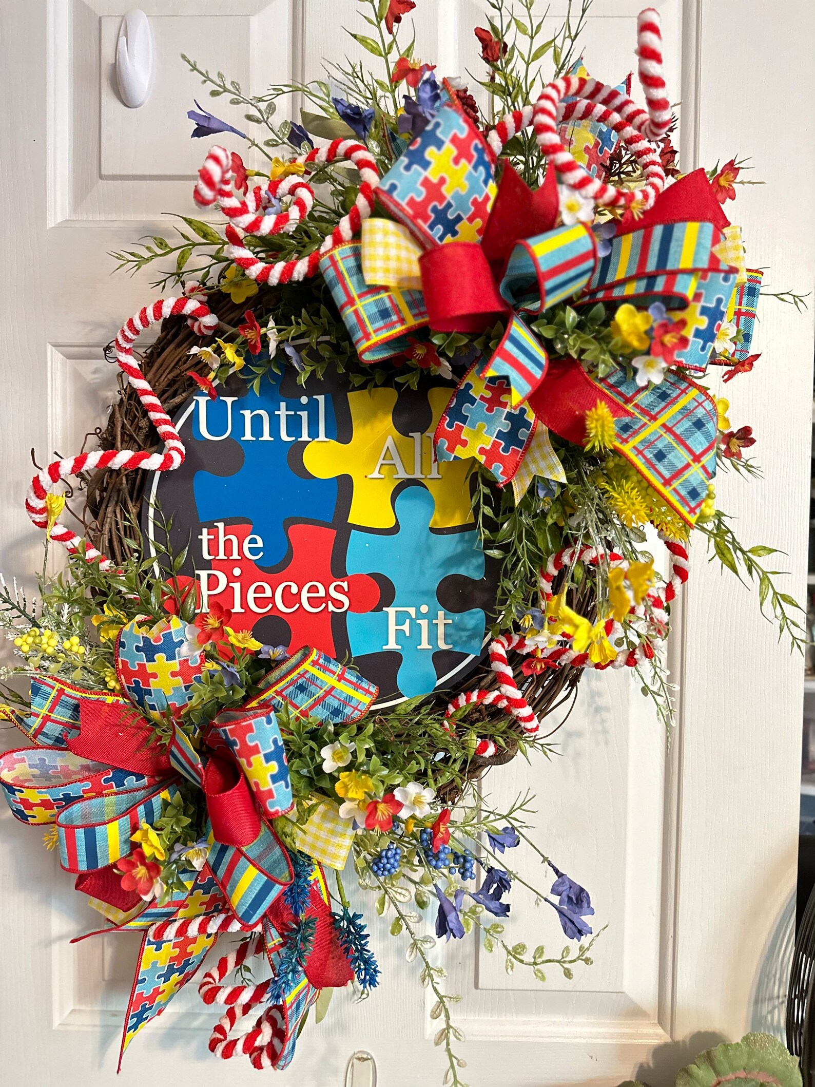 Autism Puzzle Wreath for Front Door, Autism Awareness Floral Door ...