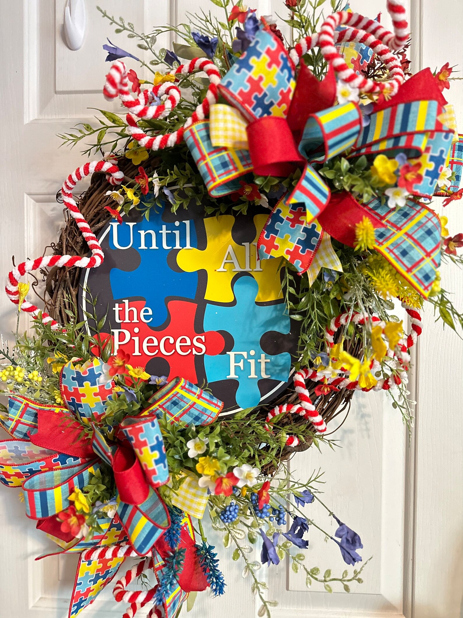 Autism Puzzle Wreath for Front Door, Autism Awareness Floral Door ...