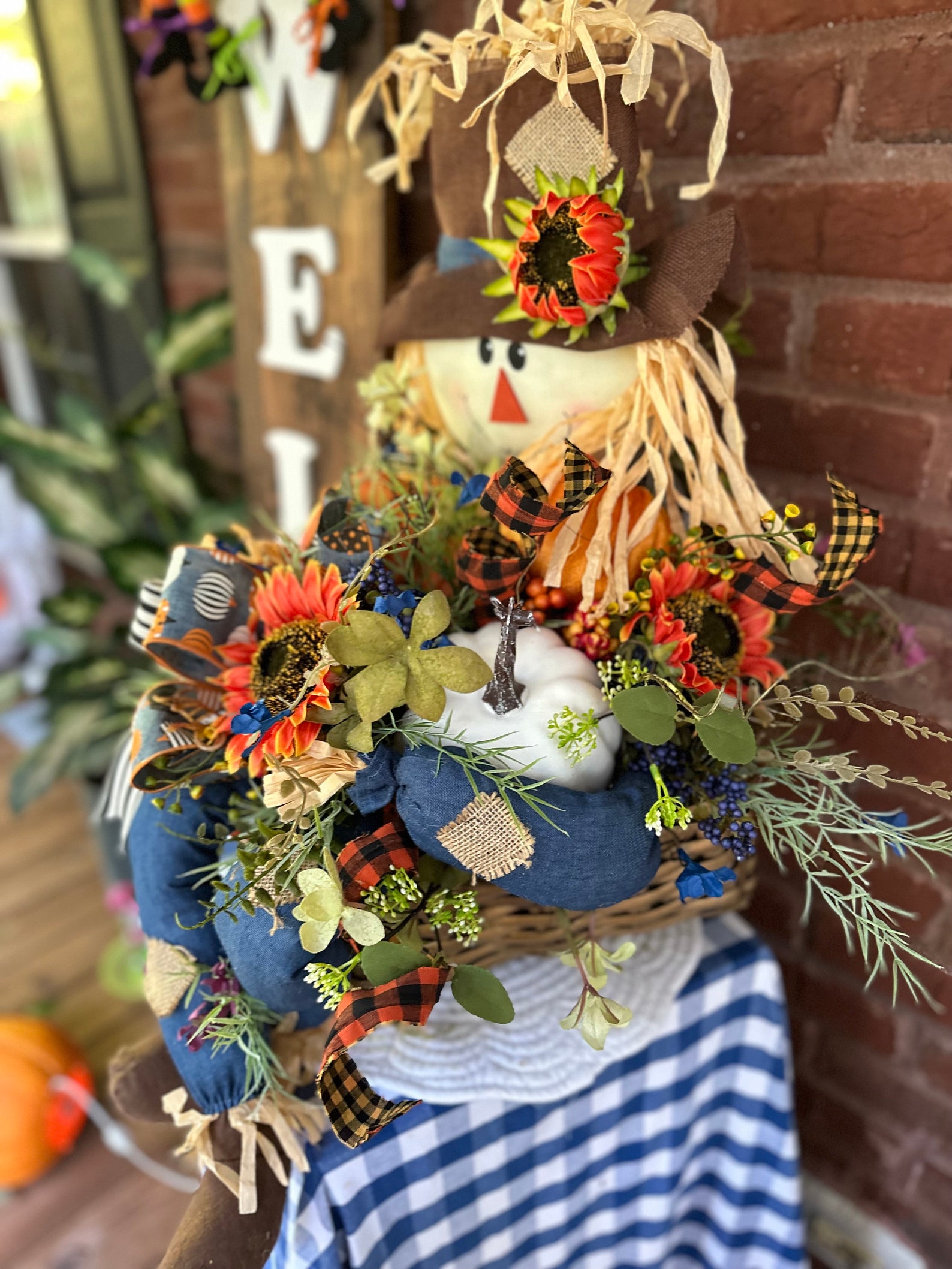 Fall Scarecrow Decor for Front Porch Pumpkin and Sunflowers - Etsy