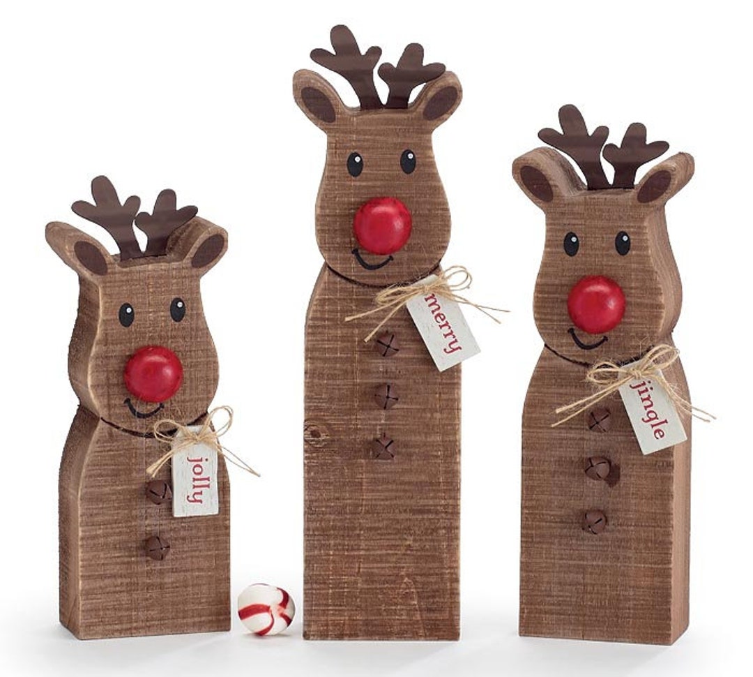 Rustic Wood Reindeer Shelf Sitter Set Christmas Decor Handmade Wooden ...