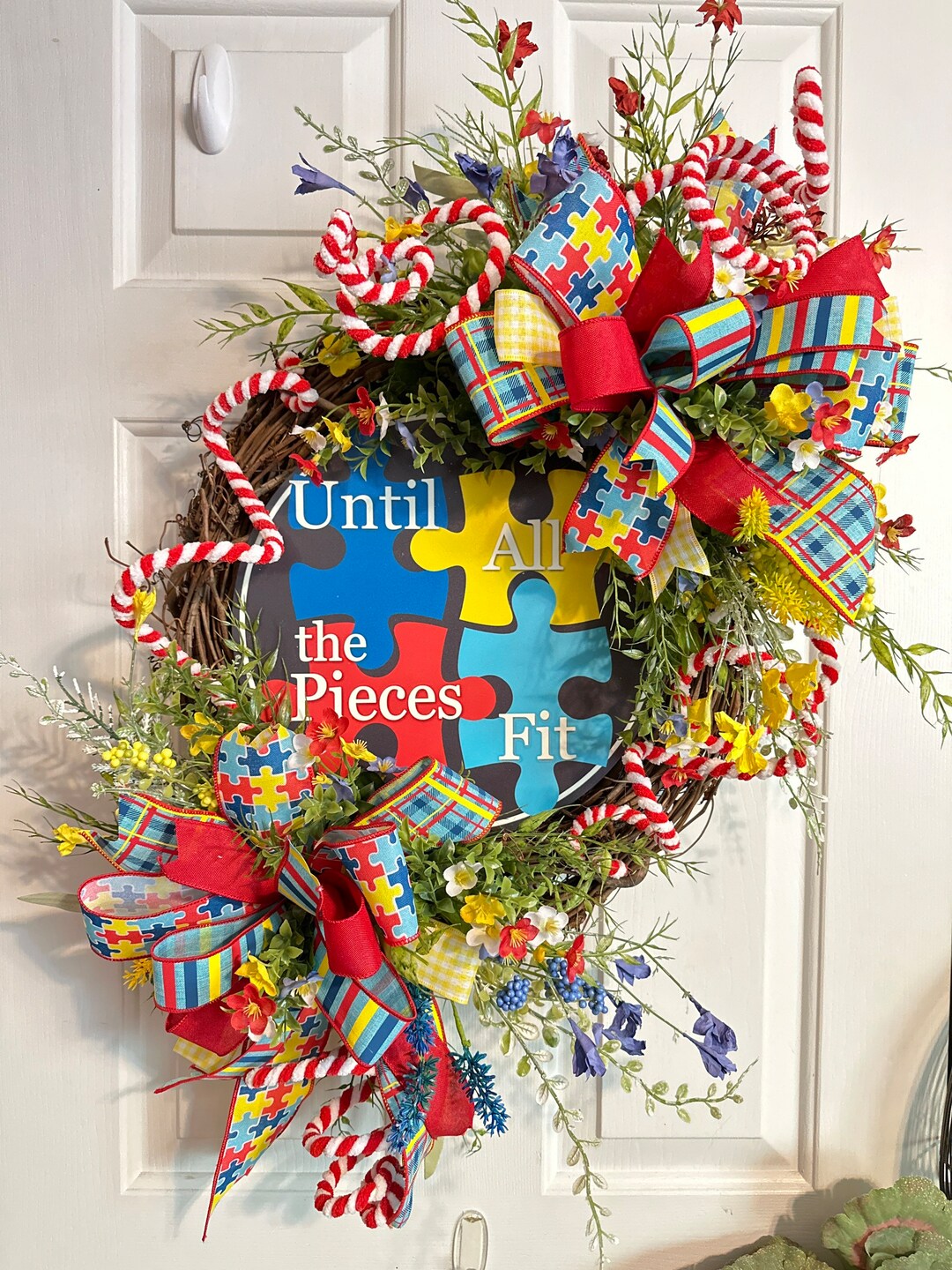 Autism Puzzle Wreath for Front Door, Autism Awareness Floral Door ...