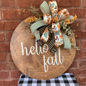 Fall Door Hanger, Hello Fall Round Wood Door Decor, Autumn Floral Decor ...