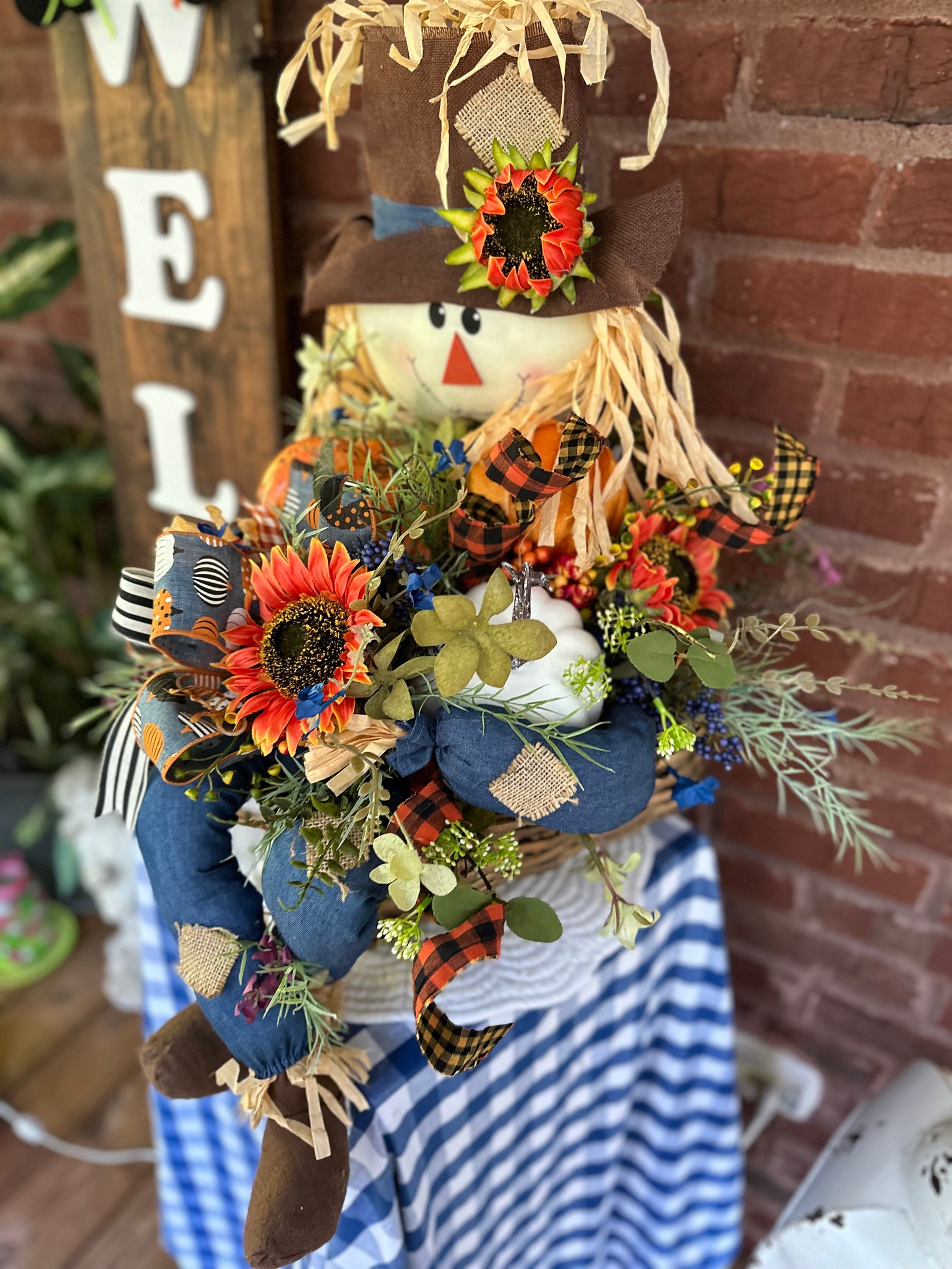 Fall Scarecrow Decor for Front Porch Pumpkin and Sunflowers - Etsy