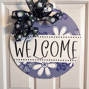 Welcome Summer Door Sign, Blue and White Daisy Front Door Decor ...
