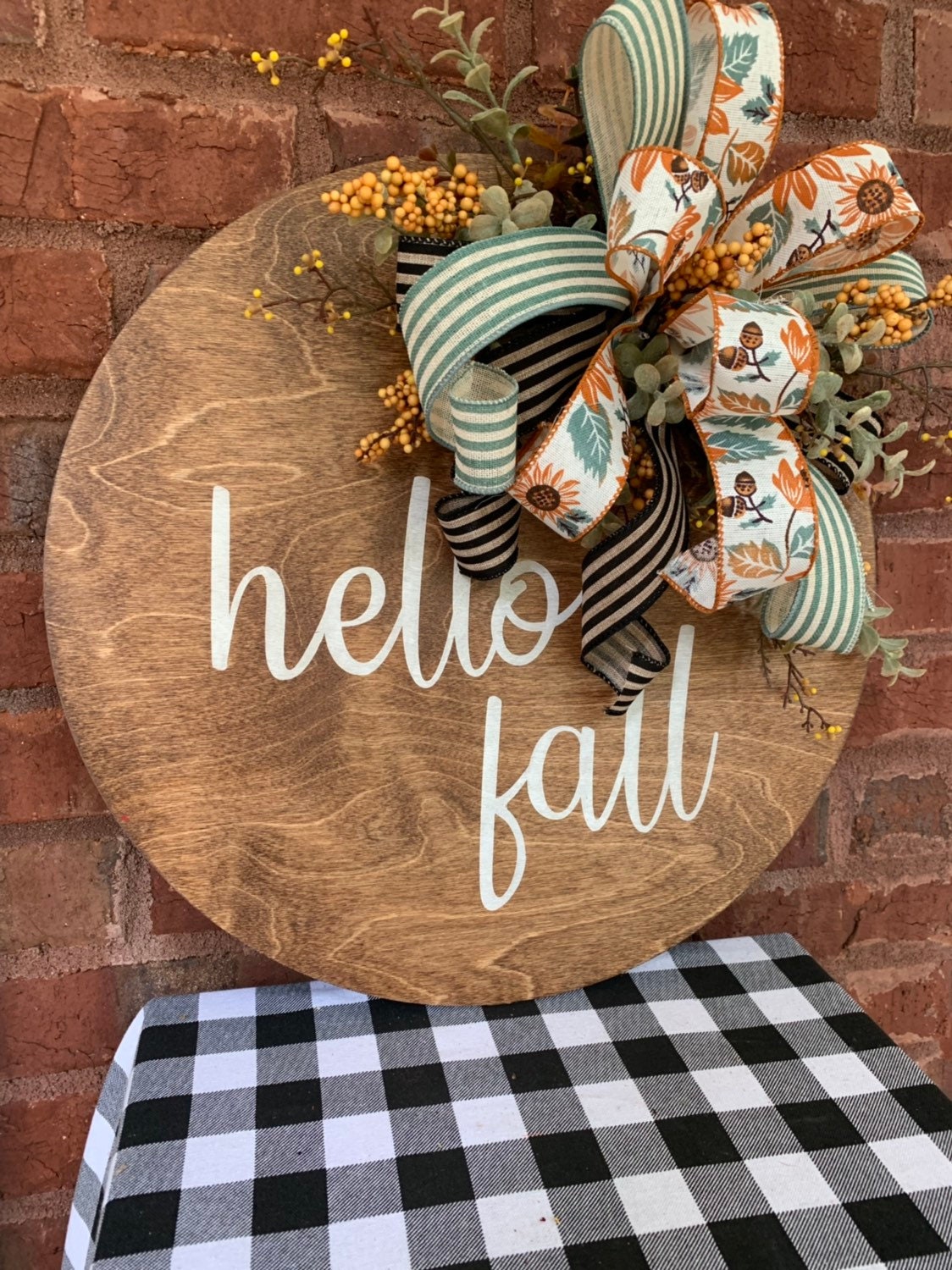 Fall Door Hanger Hello Fall Round Wood Door Decor Autumn - Etsy