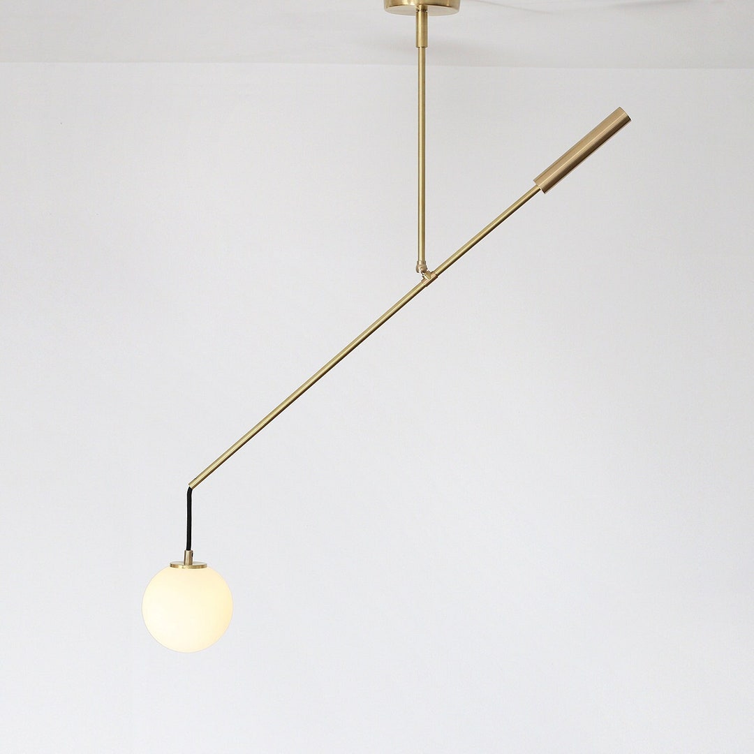 Modern Brass Counterbalance Pendant Lamp With Opal Glass Globe - Etsy